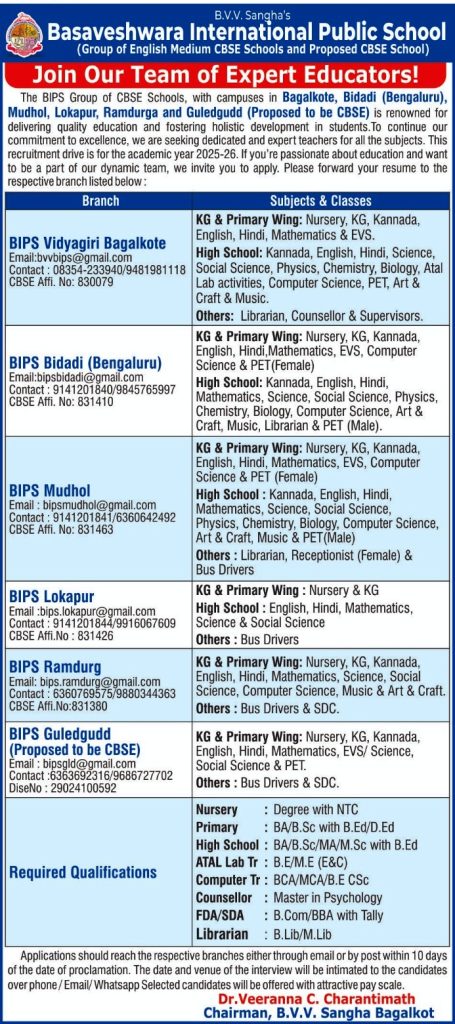 Basaveshwara International Public School Wanted Teachers | FacultyPlus