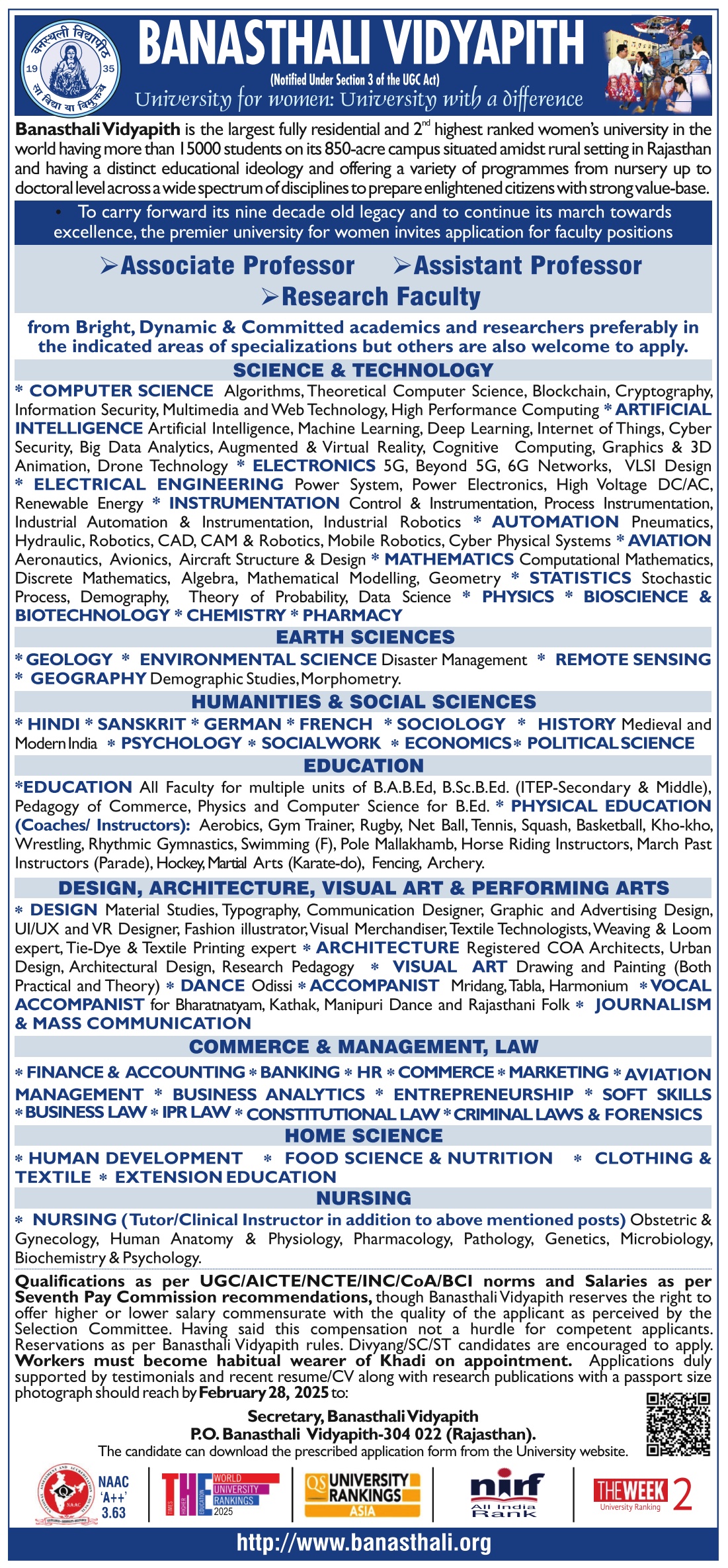 Banasthali Vidyapith, Rajasthan Wanted Associate Professor/ Assistant Professor/ Research ...