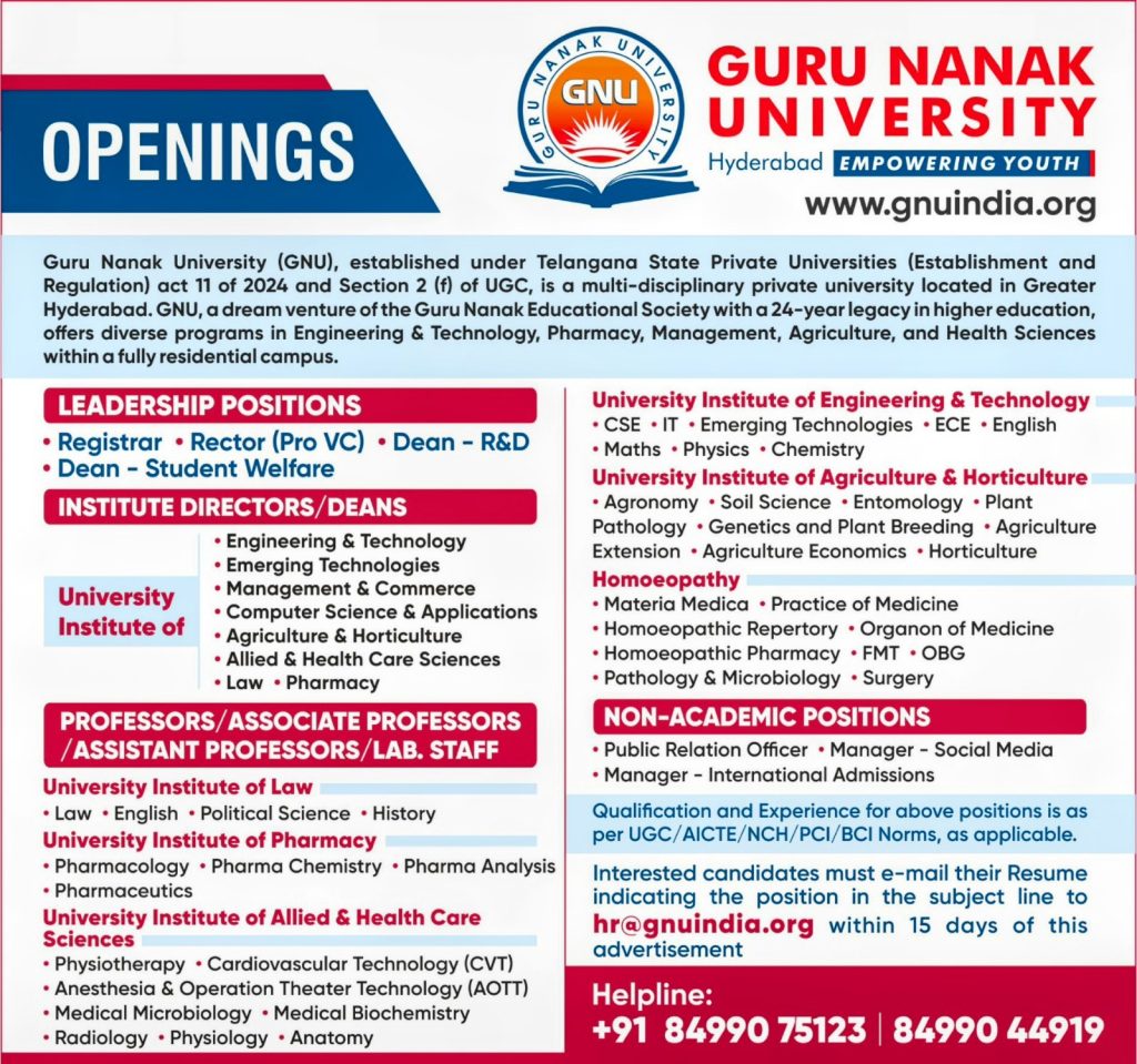Faculty Openings at Guru Nanak University, Hyderabad | FacultyPlus