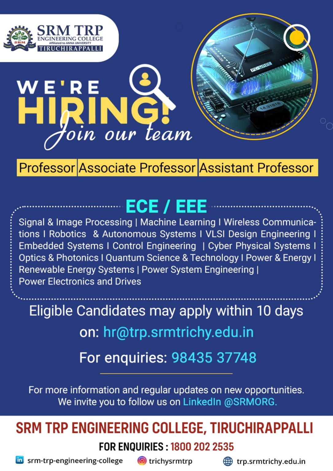 Faculty Recruitment 2025 at SRM TRP Engineering College, Trichy | FacultyPlus