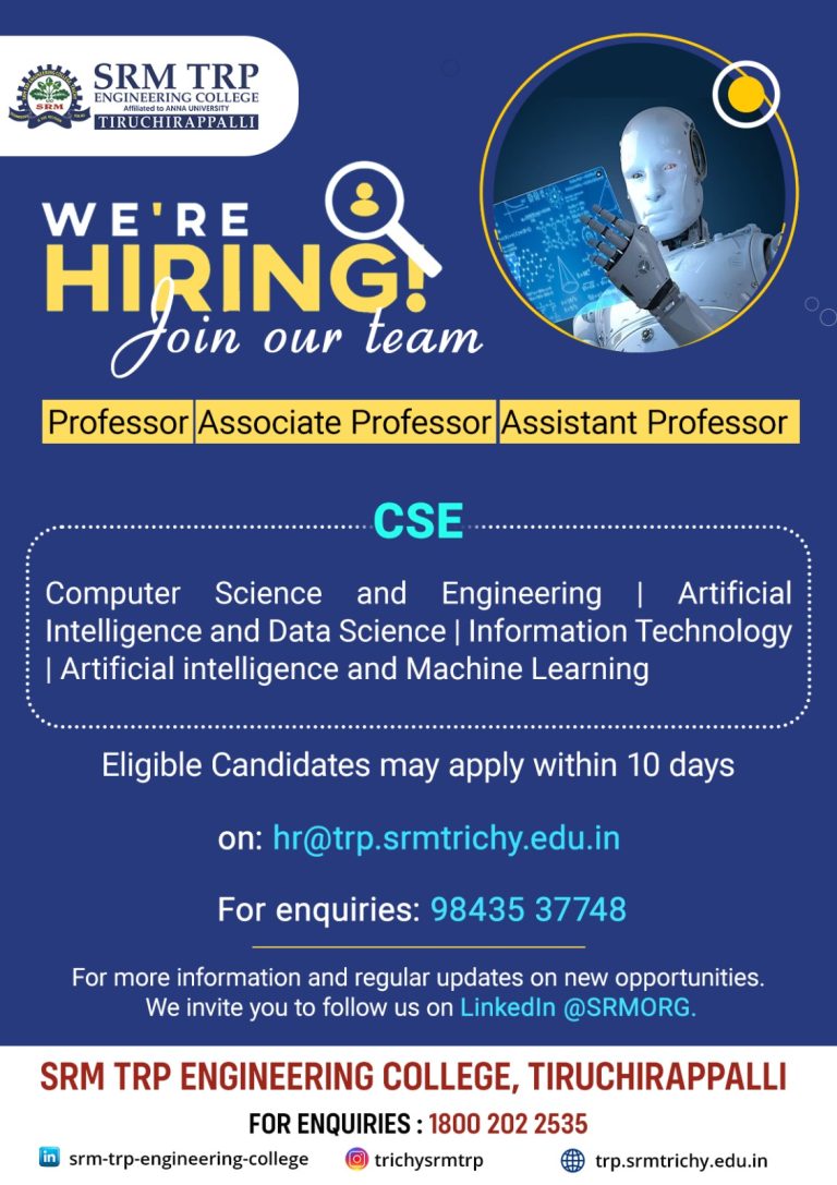 Faculty Recruitment 2025 at SRM TRP Engineering College, Trichy | FacultyPlus