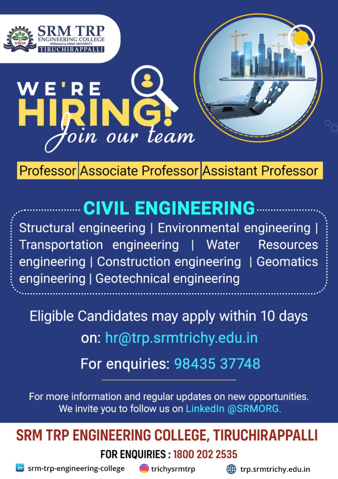 Faculty Recruitment 2025 at SRM TRP Engineering College, Trichy | FacultyPlus