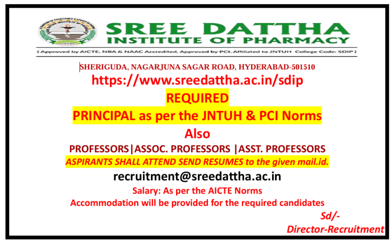 Sree Dattha Institute of Pharmacy, Sheriguda Wanted Principal | FacultyPlus