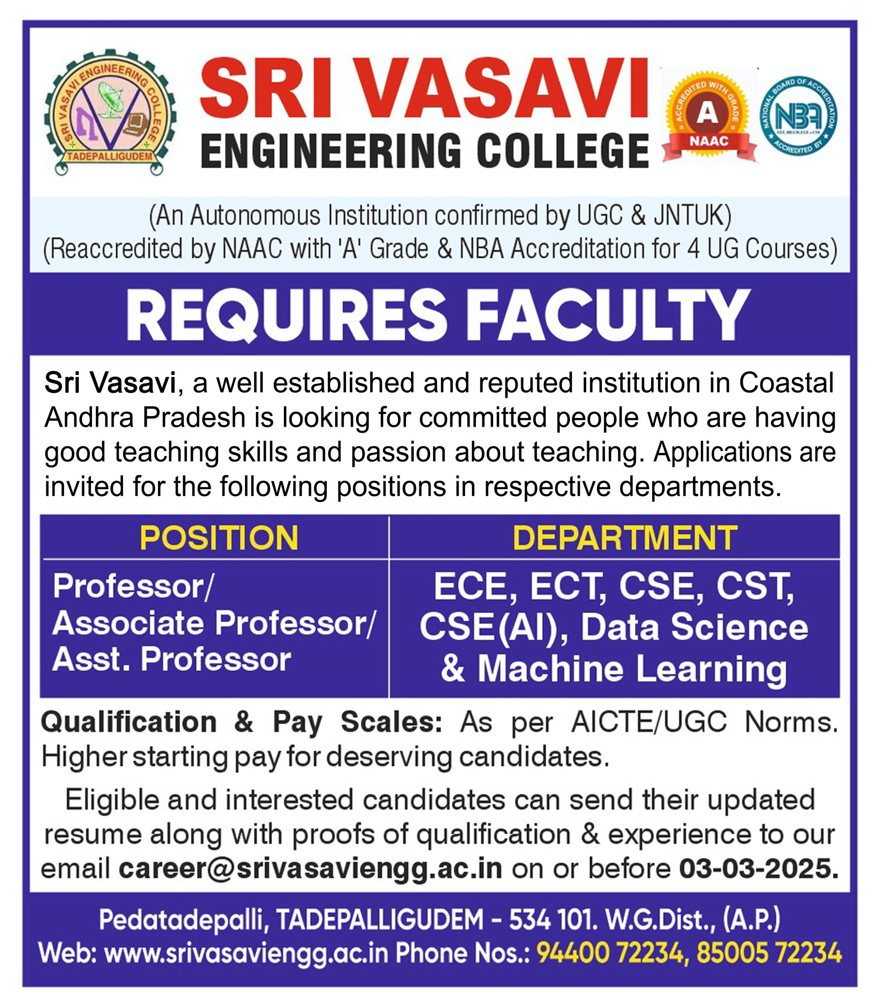 Sri Vasavi Engineering College, Tadepalligudem Wanted Professor / Associate Professor / Asst ...