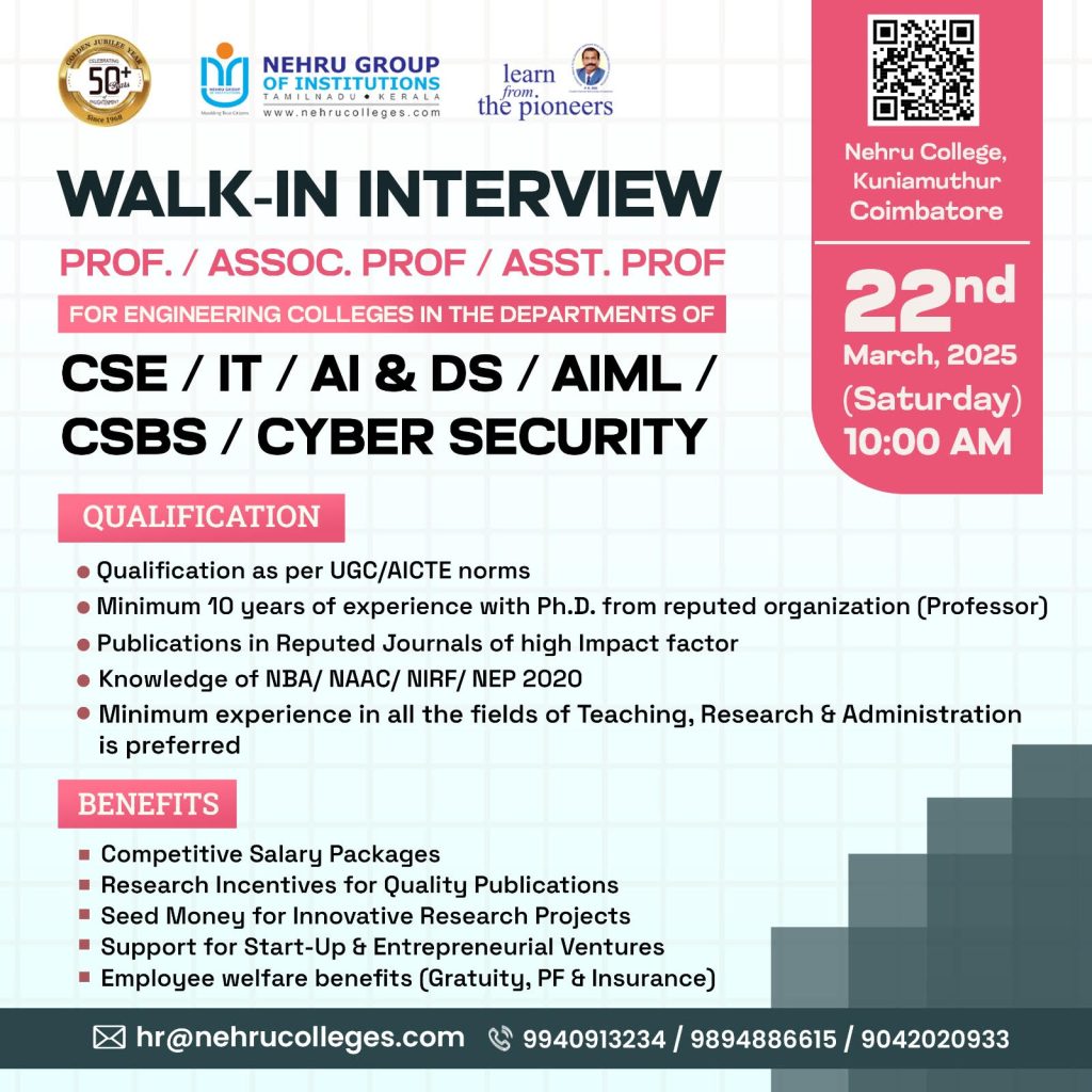 Nehru Group of Institutions, Coimbatore- Walk-in Interview | FacultyPlus