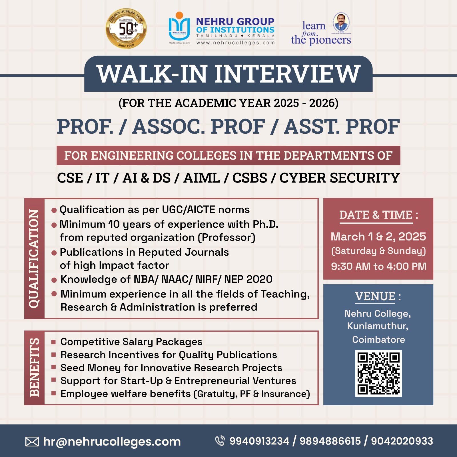 Nehru Group of Institutions, Coimbatore- Walk-in Interview | FacultyPlus