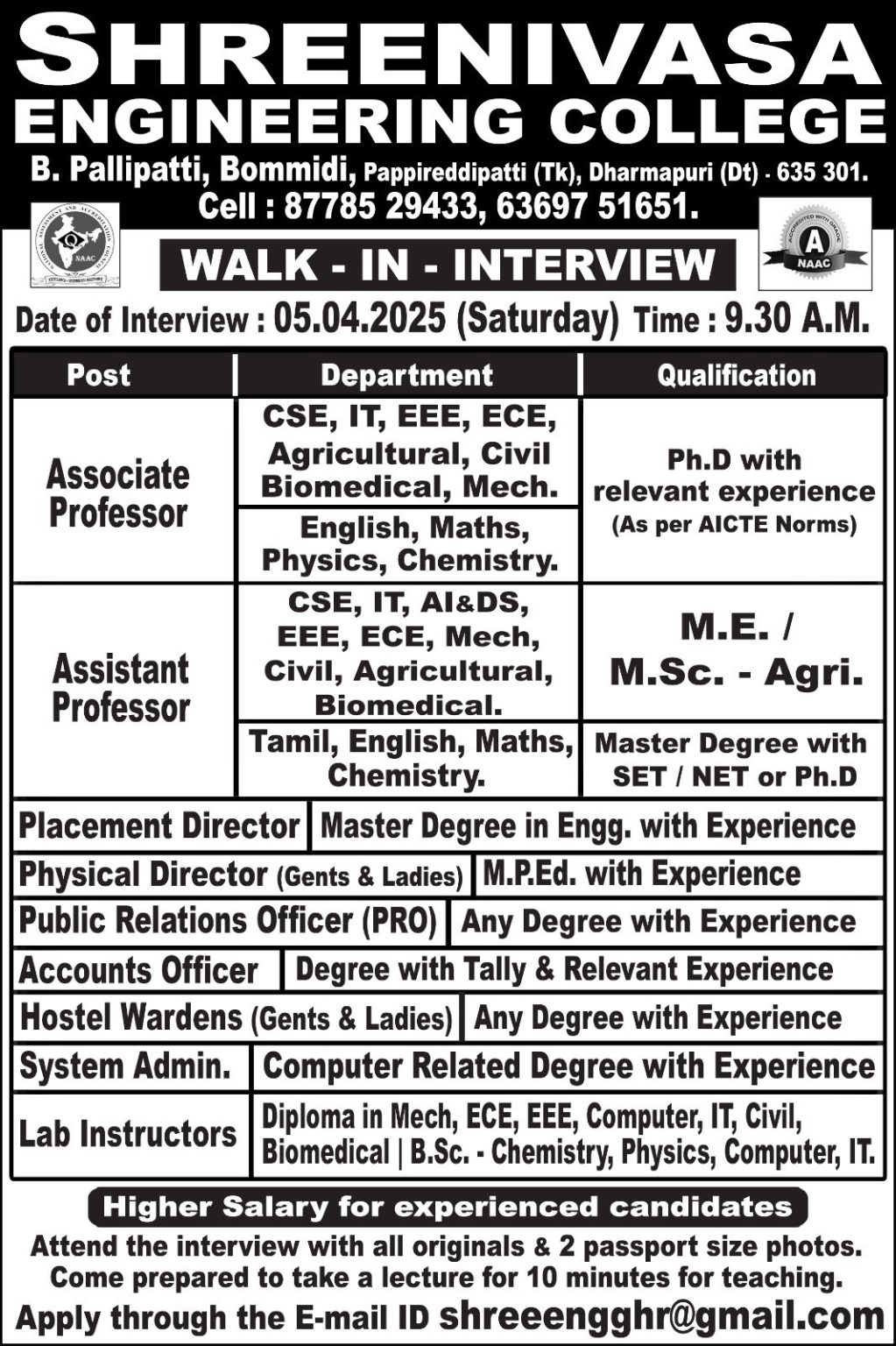 Shreenivasa Engineering College Wanted Assistant Professors/ Associate ...