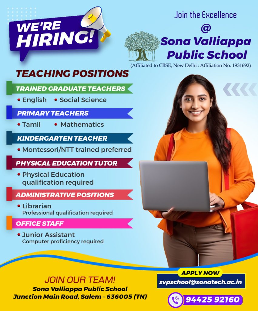Sona Valliappa Publi School, Salem Hiring Trained Graduate Teachers | FacultyPlus
