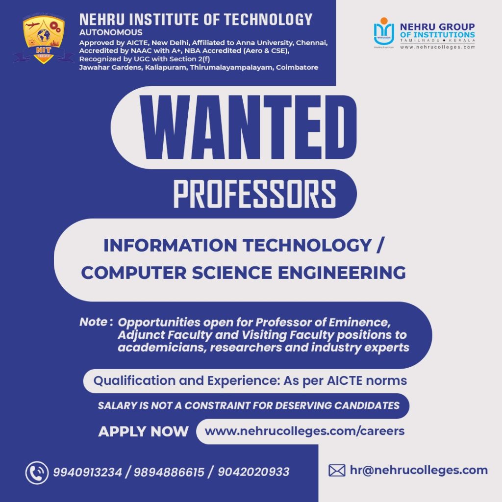Faculty Recruitment 2025 at Nehru Group of Institutions, Nehru Institute of Technology ...