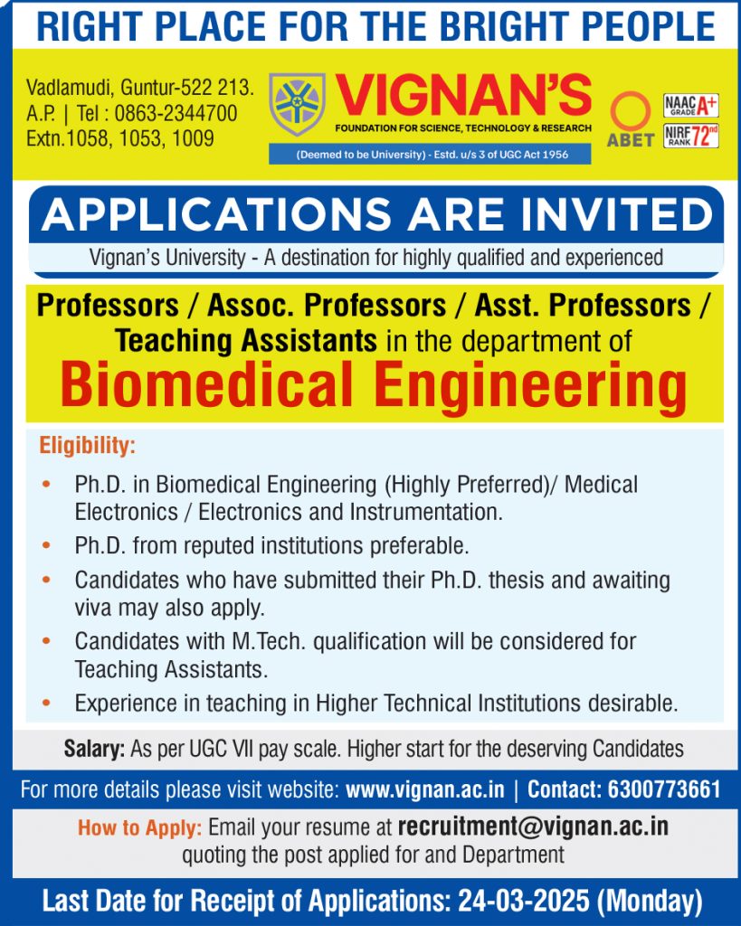 Vignan’s Foundation for Science, Technology & Research, Guntur Wanted Faculty for Biomedical ...