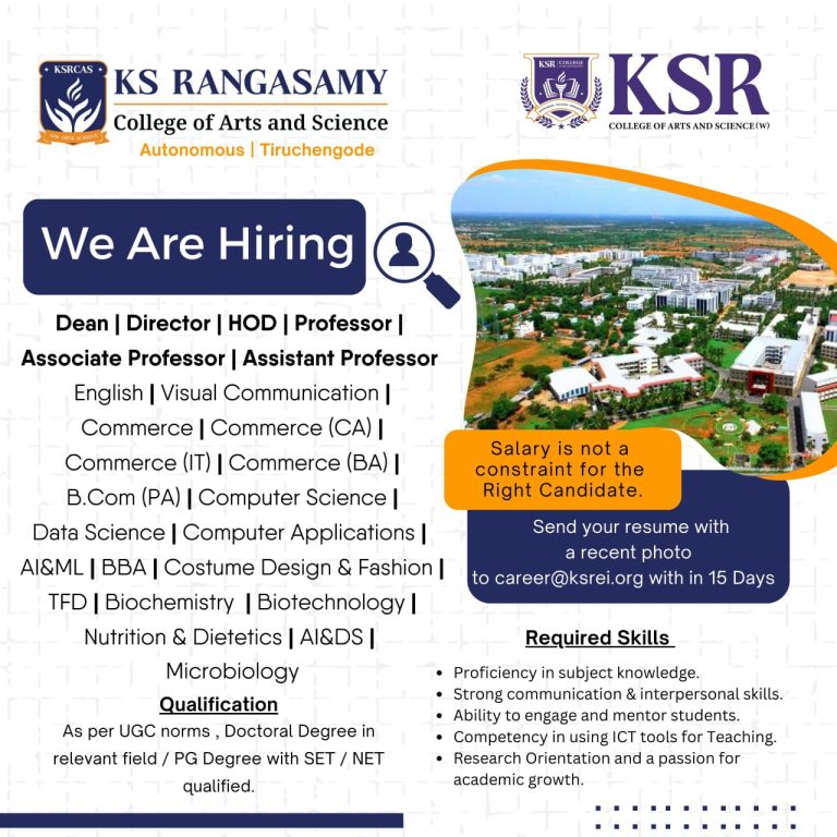 K.S.R Educational Institutions, K.S.R. Kalvi Nagar, Tiruchengode wanted Dean/Director/HOD ...