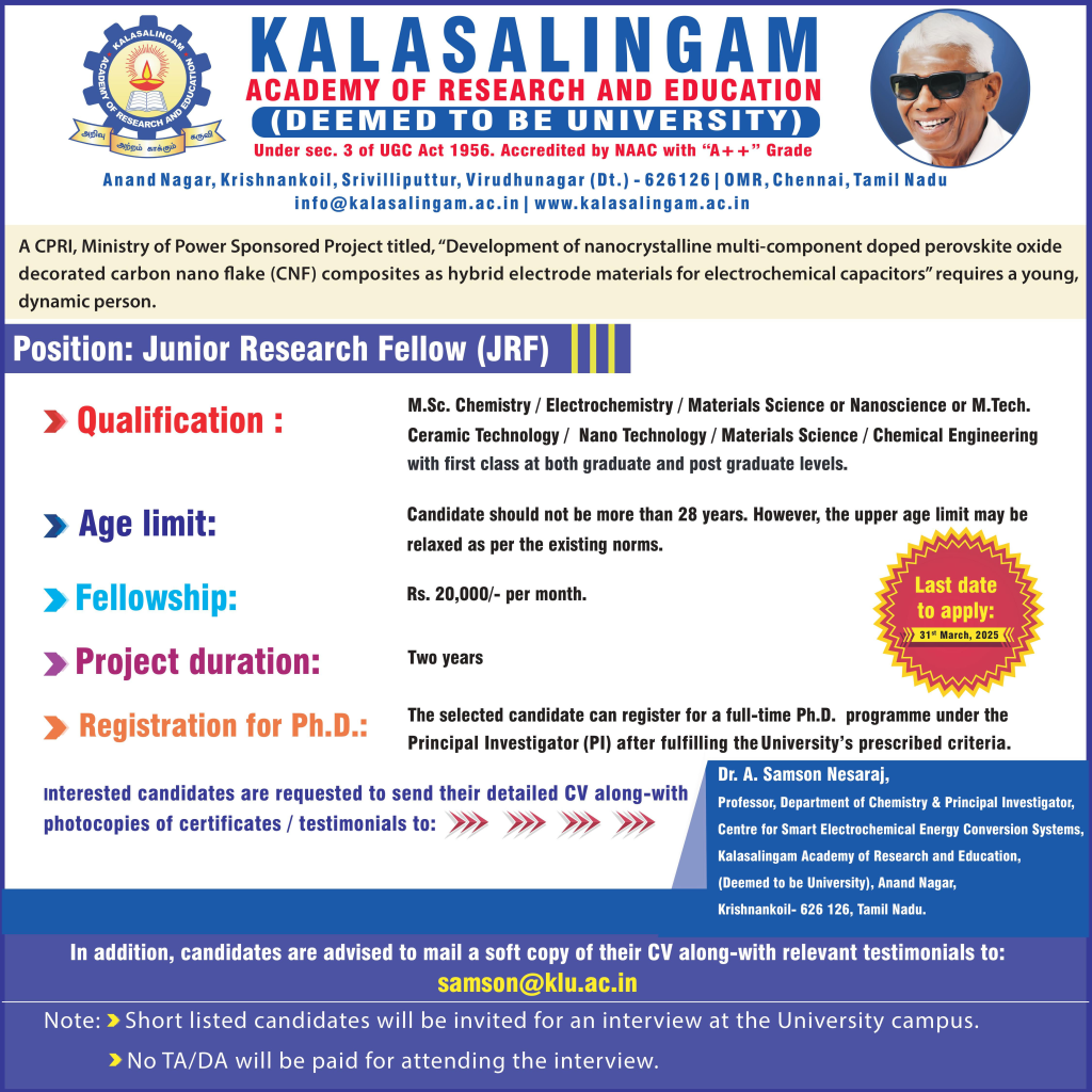 Kalasalingam Academy of Research and Education (KARE) JRF Wanted in Chemistry Department ...