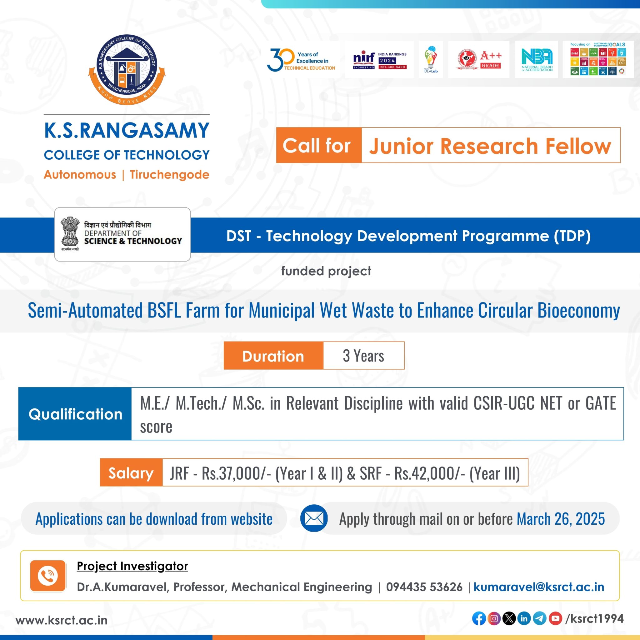 K.S.Rangasamy College of Technology (Autonomous), Tiruchengode Wanted JRF | FacultyPlus
