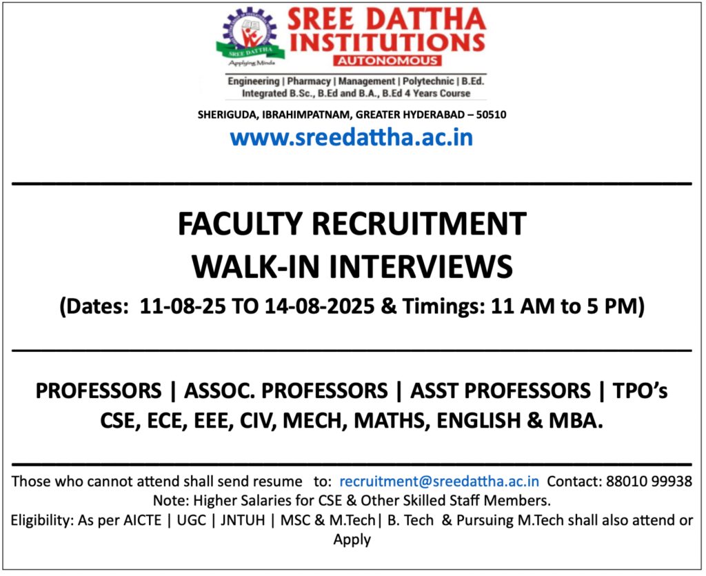 Faculty Recruitment 2025 at Sree Dattha Institutions, Sheriguda | FacultyPlus