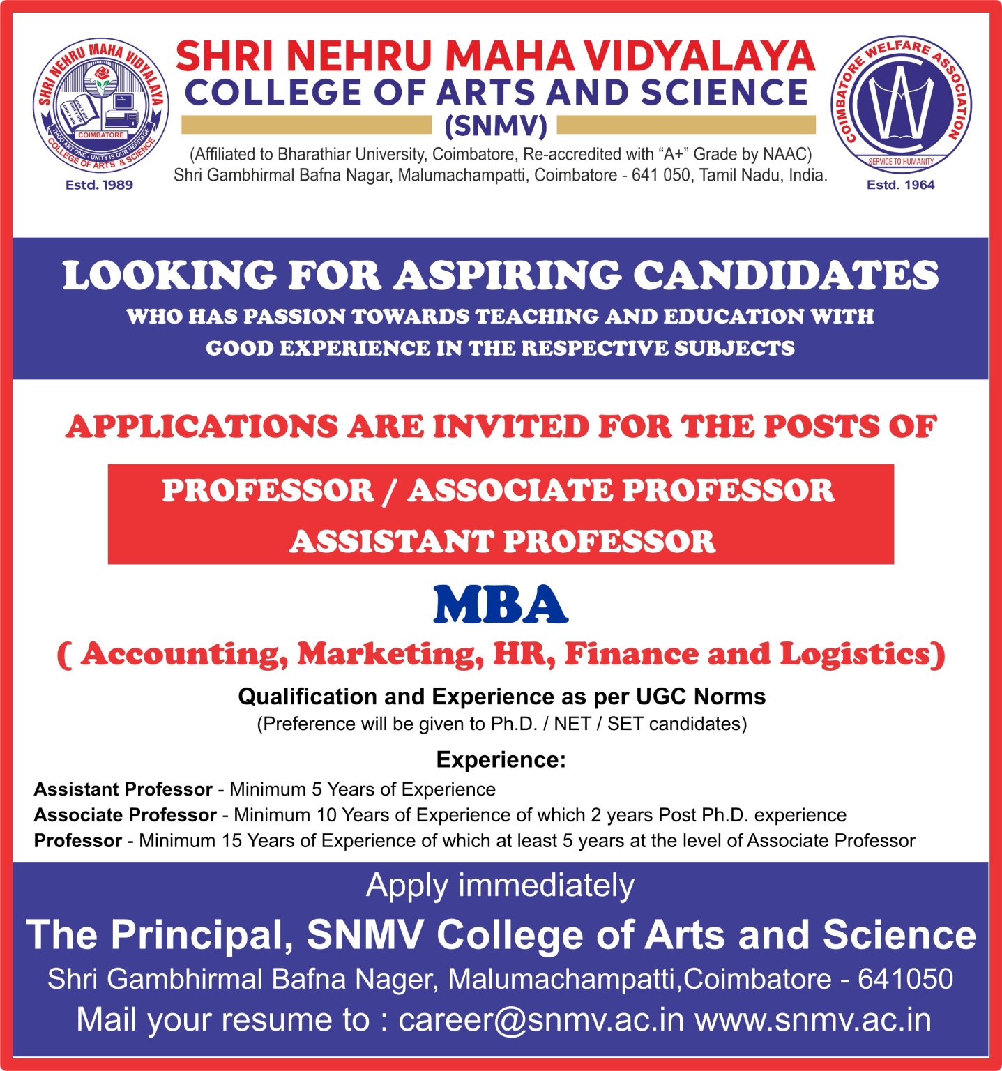 SNMV Institute of Management, Coimbatore Wanted Faculty for MBA | FacultyPlus