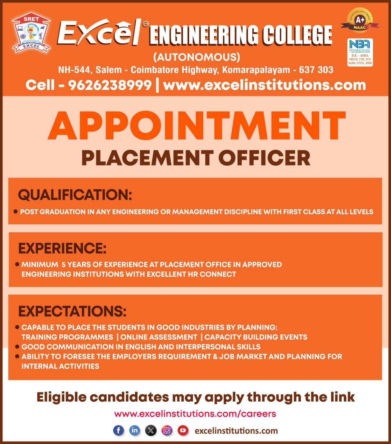 Faculty Openings 2025 at Excel Group of Institutions, Komarapalayam | FacultyPlus
