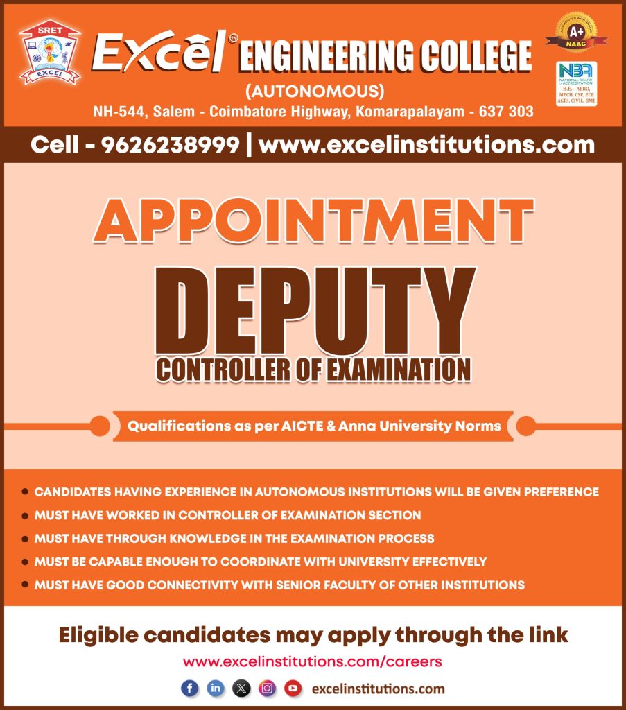 Faculty Openings 2025 at Excel Group of Institutions, Komarapalayam | FacultyPlus