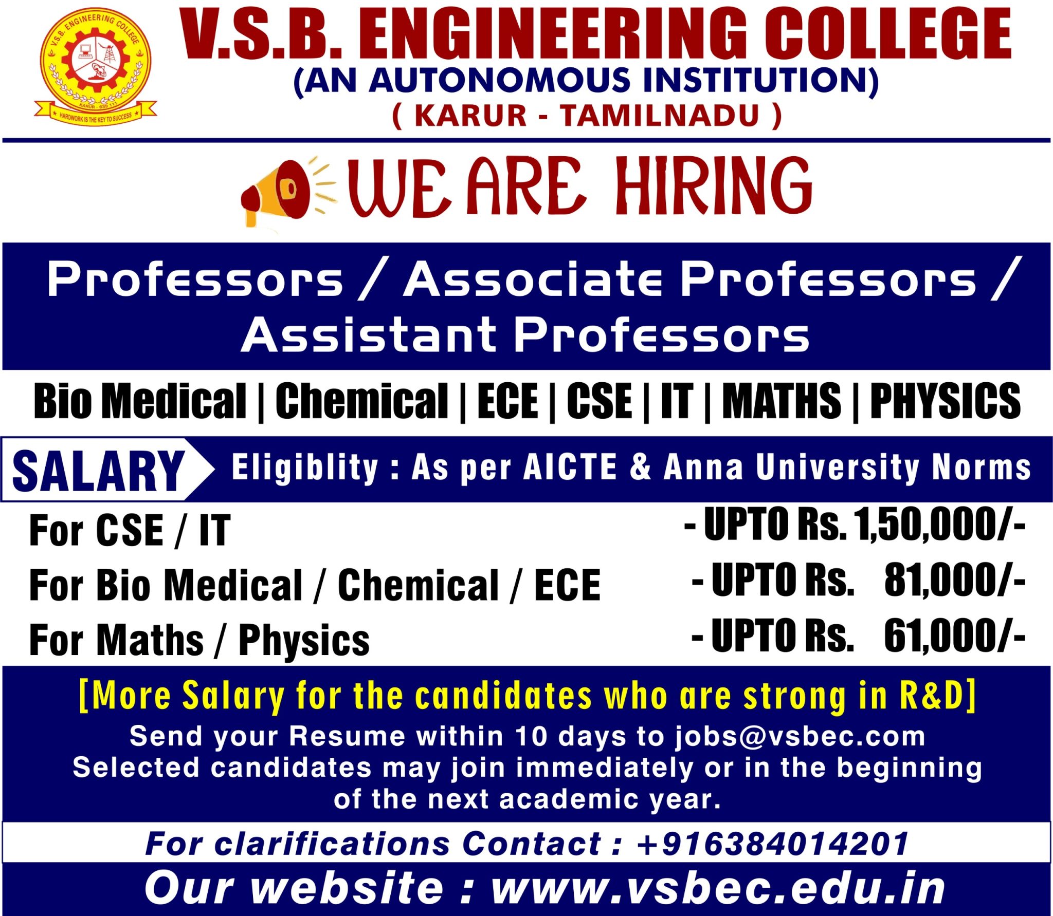 VSB Engineering College, Karur Wanted Professors/ Associate Professors/Asst. Professors ...