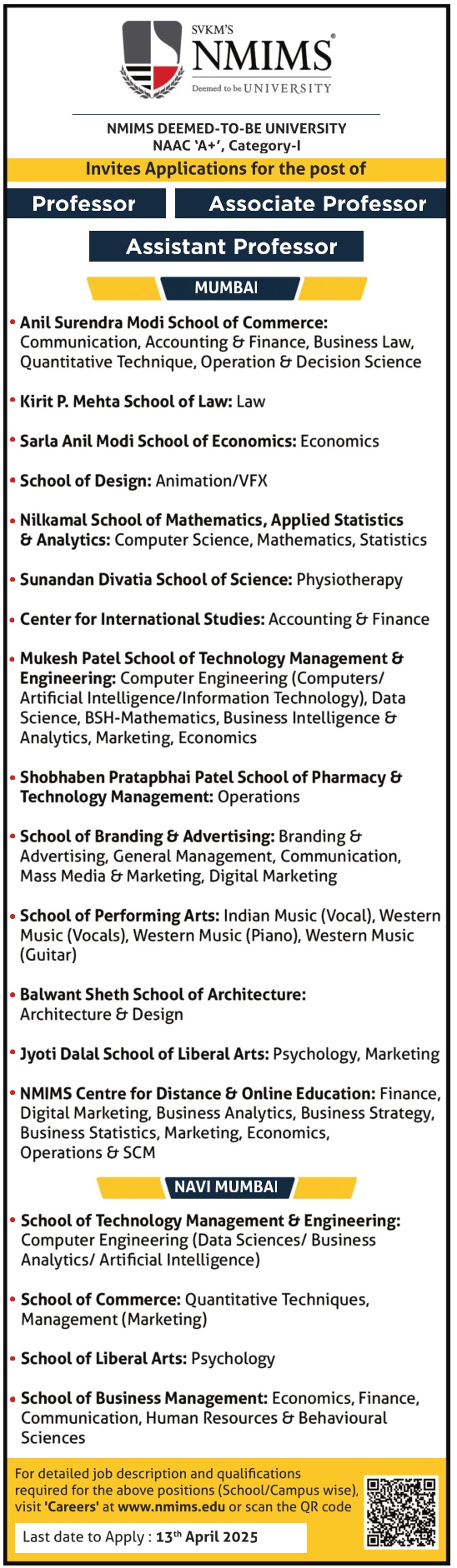 SVKM’s NMIMS Deemed to be University, Mumbai Wanted Professor/ Associate Professor/ Assistant ...
