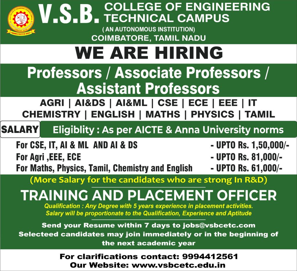 VSB College of Engineering Technical Campus ( Autonomous), Coimbatore Wanted Faculty | FacultyPlus