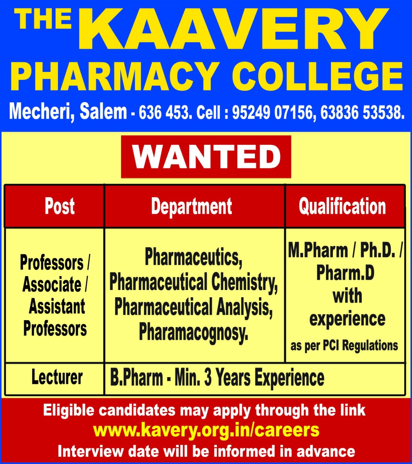 Teaching Jobs at The Kavery Pharmacy College, Salem | FacultyPlus
