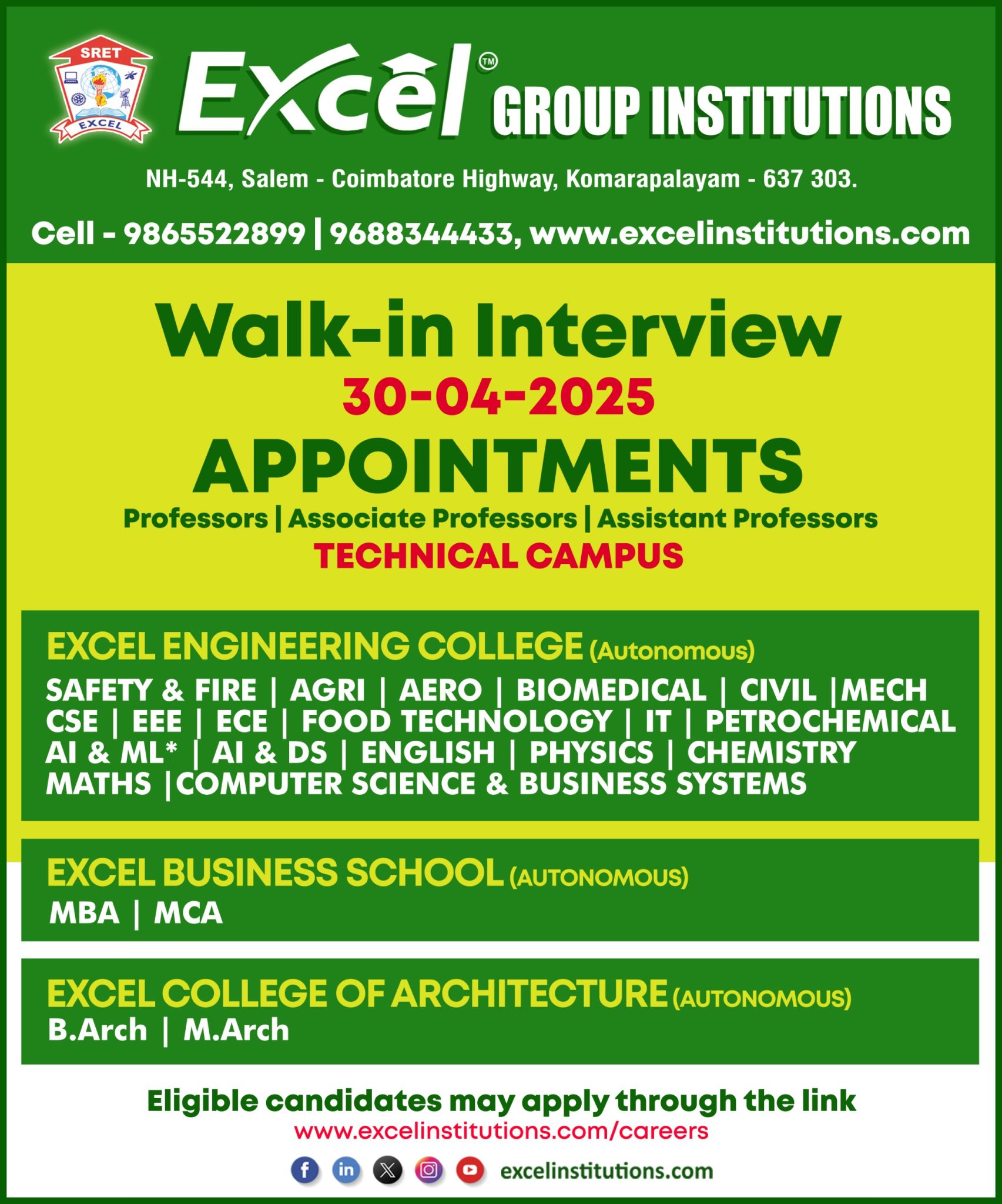 Excel Group Institutions, Komarapalayam- Walk-in Interview | FacultyPlus