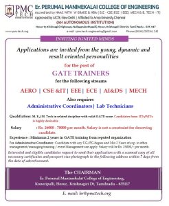 Er. Perumal Manimekalai College of Engineering wanted GATE Trainers ...