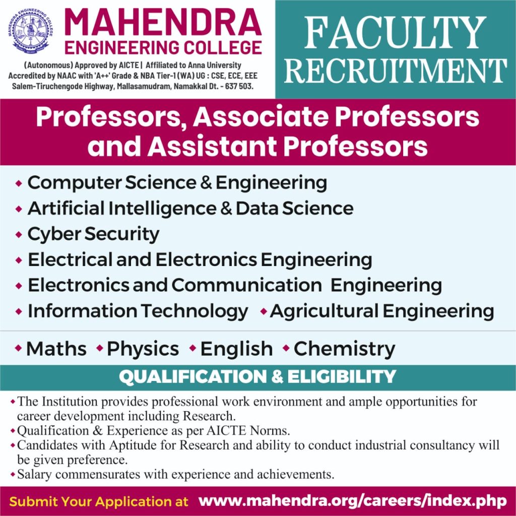 Faculty Openings 2025 at Mahesndra Engineering College, Mallasamudram | FacultyPlus