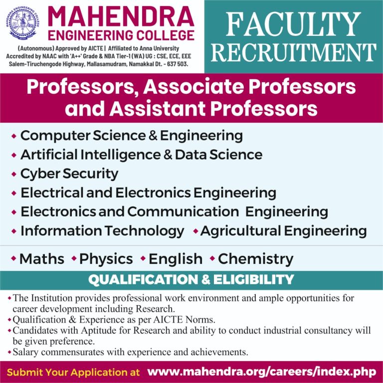 Faculty Openings 2025 at Mahesndra Engineering College, Mallasamudram | FacultyPlus