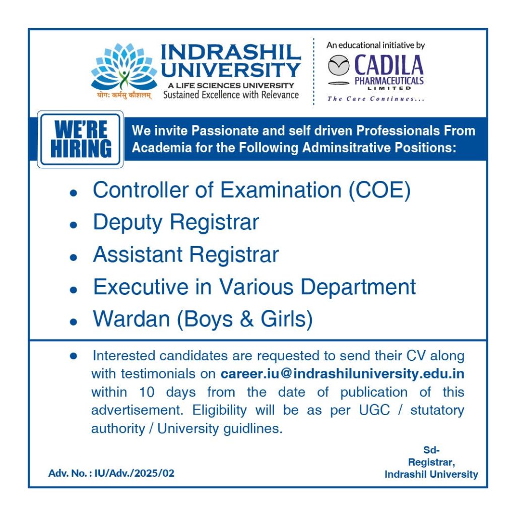 Staff Recruitment 2025 at Indrashil University, Mehsana | FacultyPlus