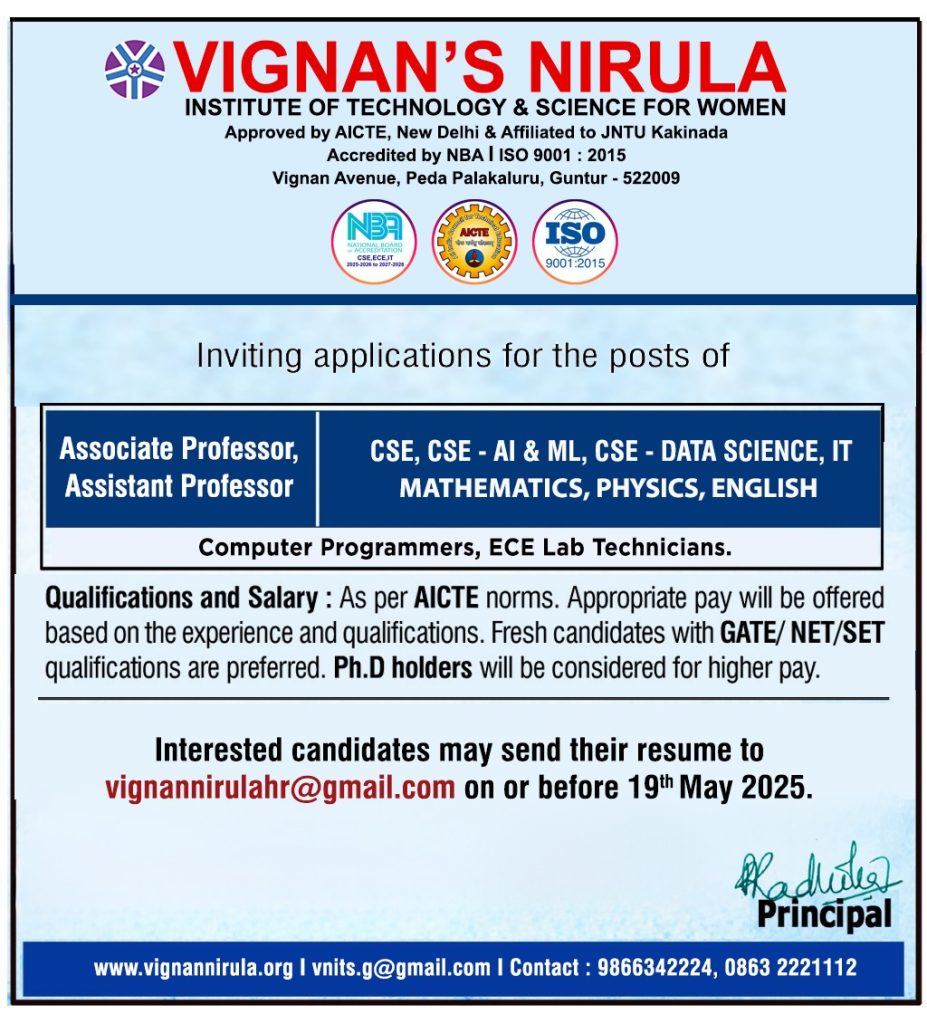 Faculty Recruitment 2025 at Vignan’s Nirula Institute of Technology and Science for Women ...
