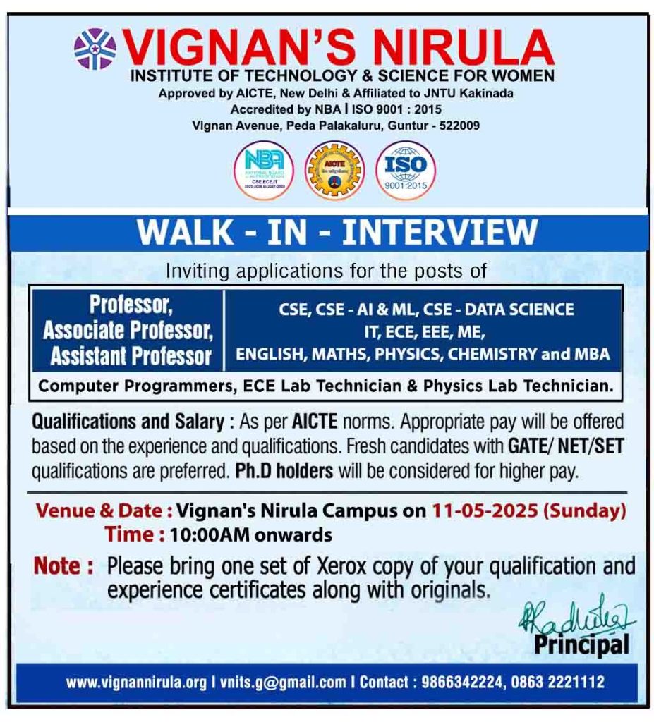 Faculty Recruitment 2025 at Vignan’s Nirula Institute of Technology and Science for Women ...