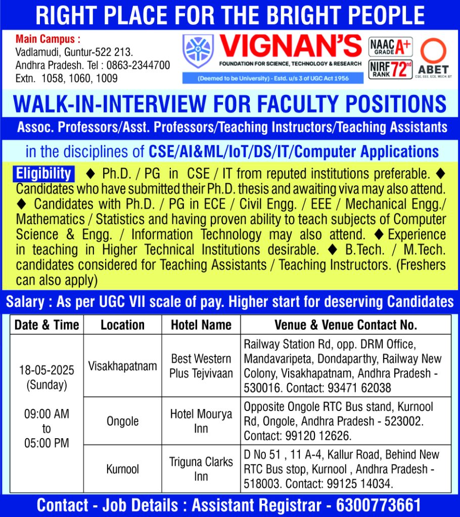 Vignan’s Foundation for Science, Technology & Research (VFSTR)- Walk-in ...