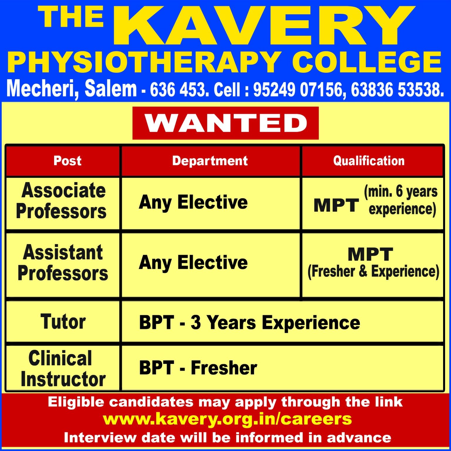 The Kavery Physiotherapy College, Salem Wanted Teaching and Non-Teaching Faculty | FacultyPlus