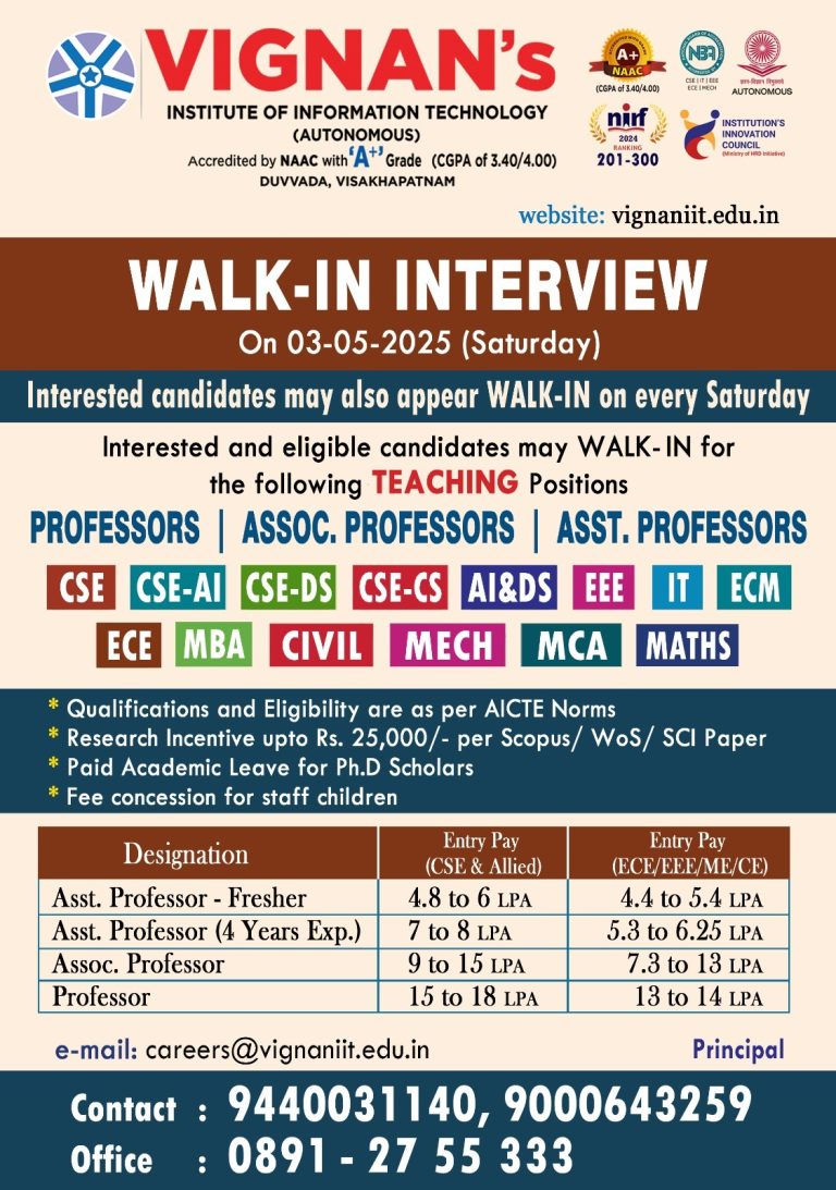Vignan’s Institute of Information Technology (Autonomous), Visakhapatnam- Faculty Recruitment ...