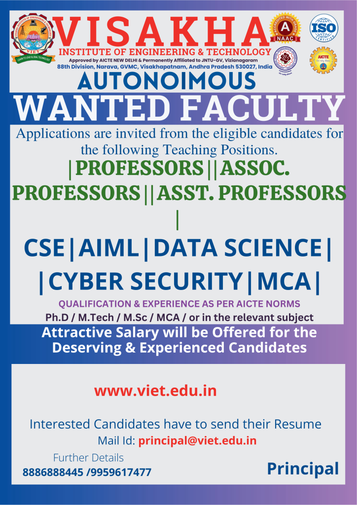 Faculty Openings 2025 at Visakha Institute of Engineering & Technology (Autonomous ...