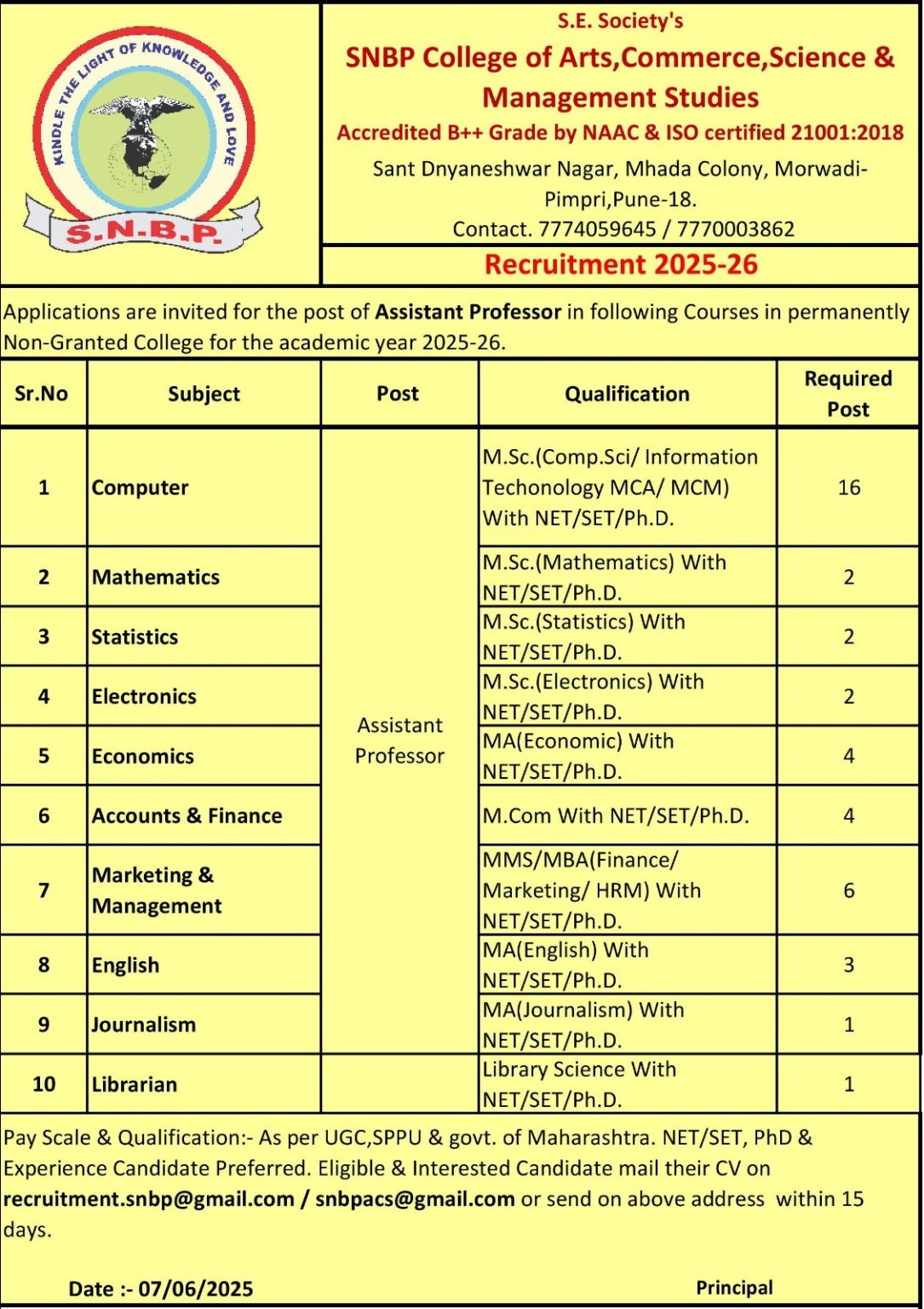 Faculty Recruitment 2025 | SNBP College of Art, Commerce, and Science & Management Studies ...
