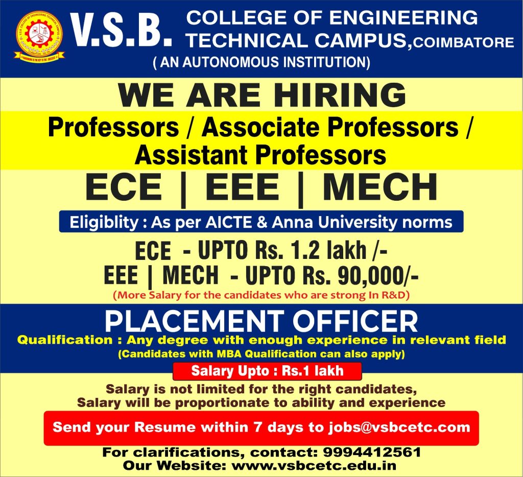 VSB College of Engineering, Coimbatore Wanted Faculty/ Placement Officer | FacultyPlus