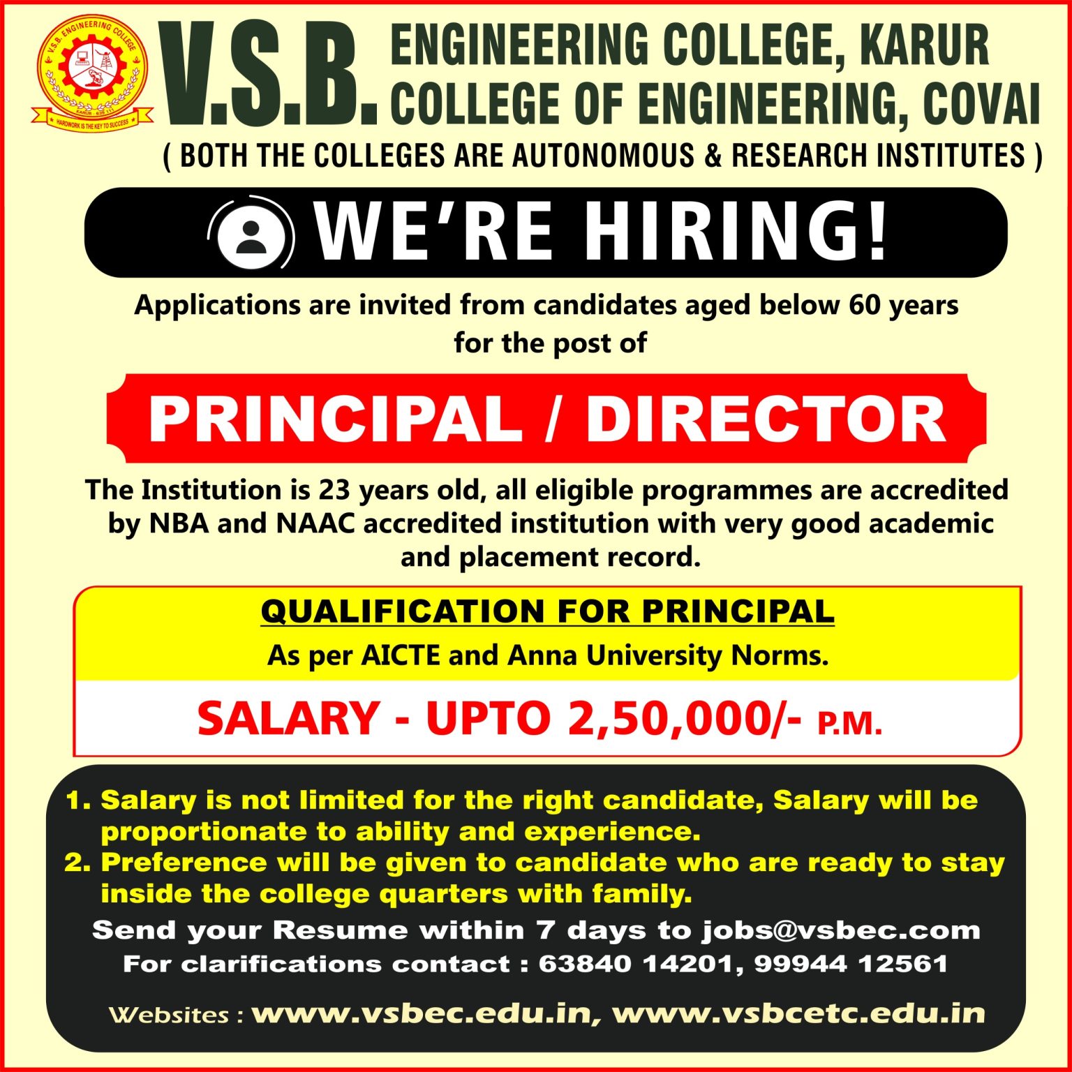 VSB Group of Institutions, Karur and Coimbatore | Principal & Director | FacultyPlus