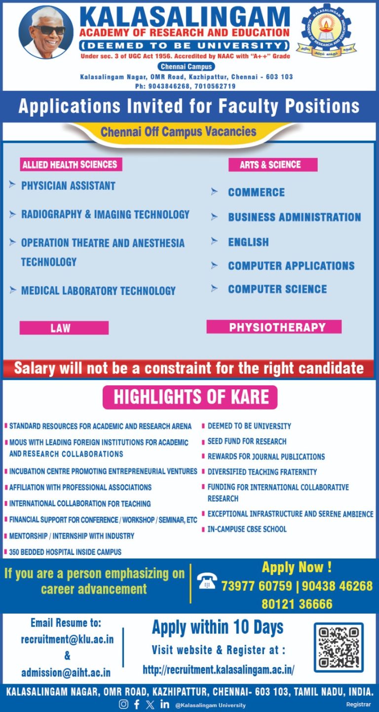 Kalasalingam Academy of Research and Education (KARE) – OFF CAMPUS / FACULTY WANTED | FacultyPlus