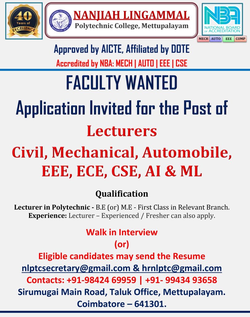 Lecturer Recruitment 2025 at Nanjiah Lingammal Polytechnic College, Mettupalayam | FacultyPlus