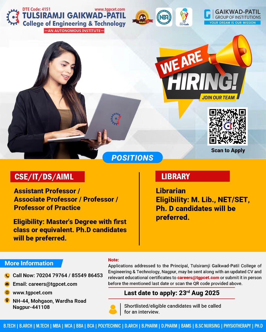 Faculty Recruitment 2025 at Tulsiramji Gaikwad – Patil College of Engineering & Technology ...