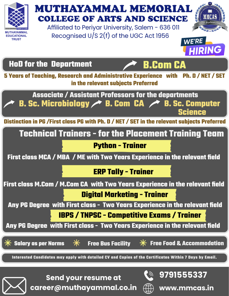 Faculty Recruitment 2025 at Muthayammal Memorial College of Arts and Science, Rasipuram ...