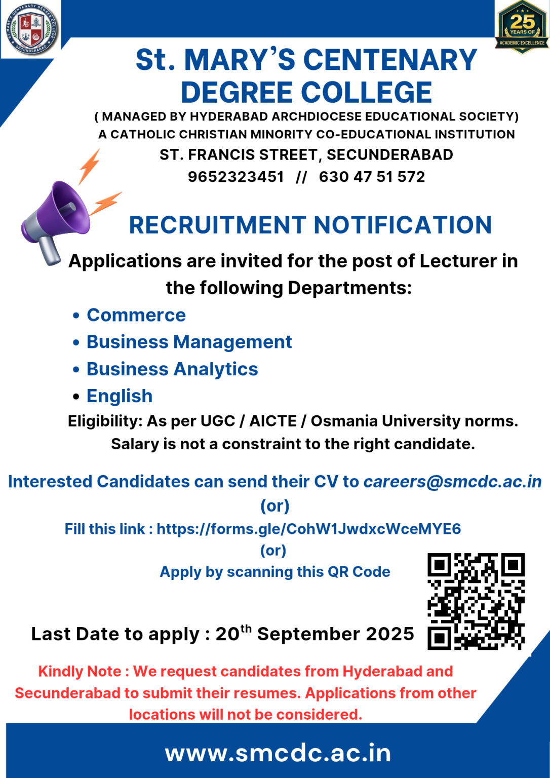 Faculty Recruitment 2025 at St. Mary’s Centenary Degree College ...