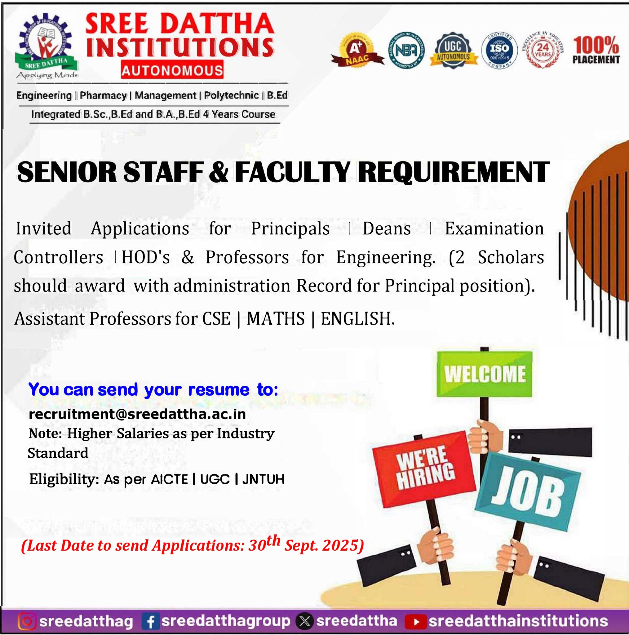 Sree Dattha Institutions, Hyderabad Wanted Principal/Dean/HOD/Faculty | FacultyPlus
