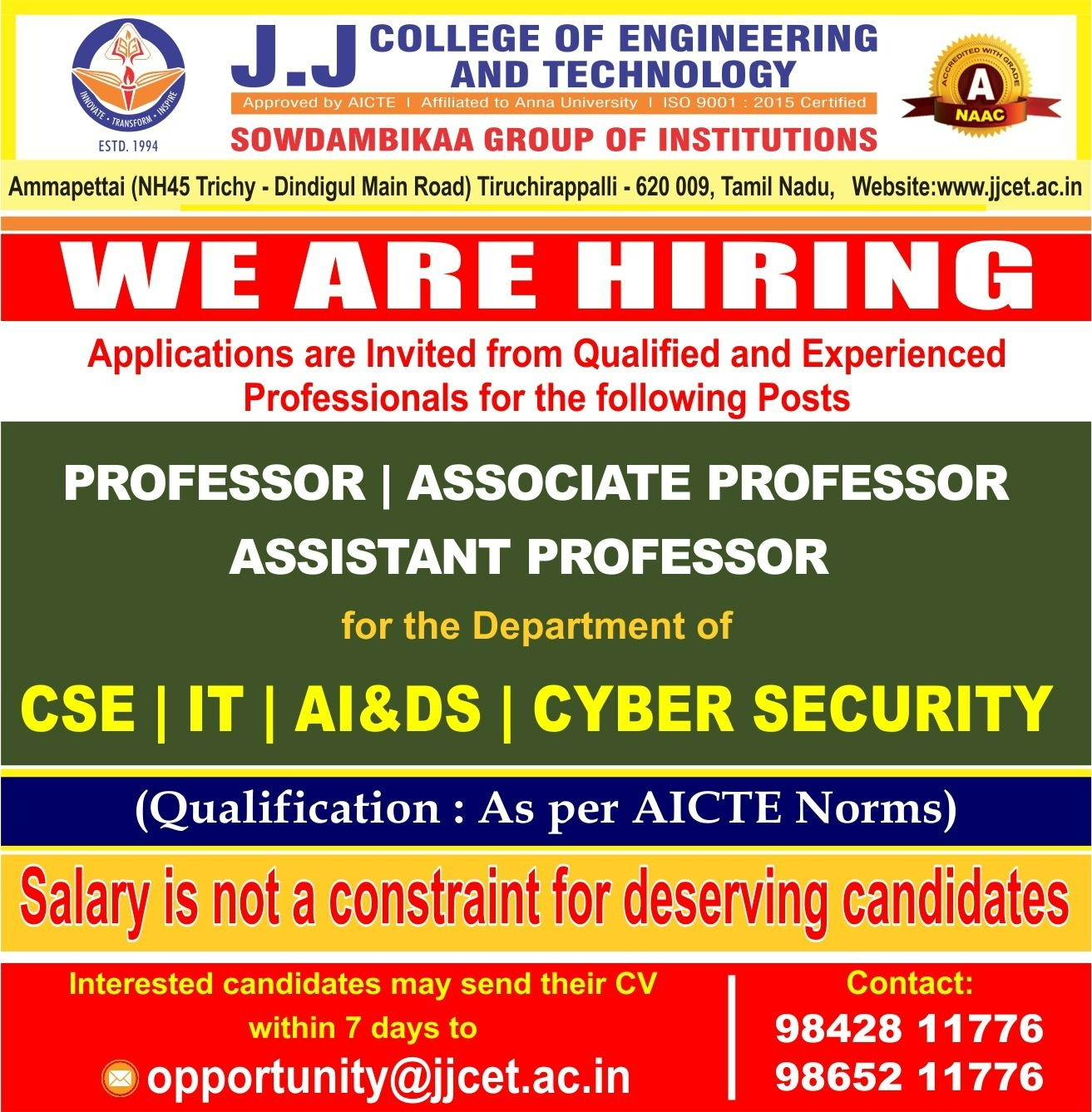 J.J. College of Engineering and Technology, Trichy Wanted Faculty | FacultyPlus