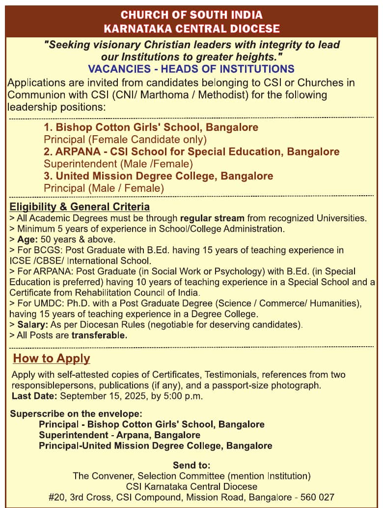 CSI Karnataka Central Diocese, Bangalore Wanted Faculty | FacultyPlus