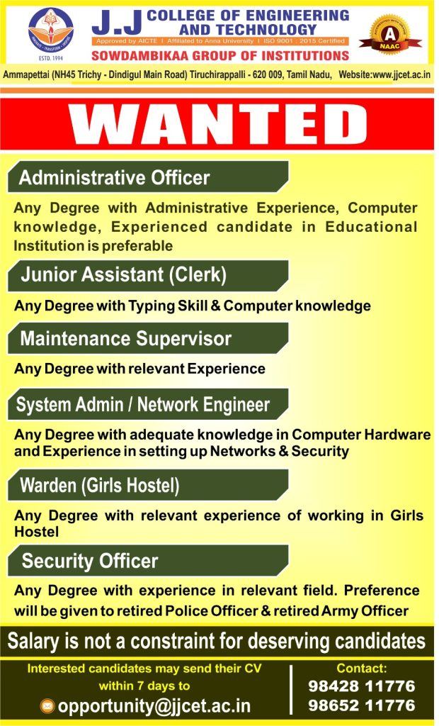 J.J. College of Engineering and Technology Wanted Non-Teaching | FacultyPlus