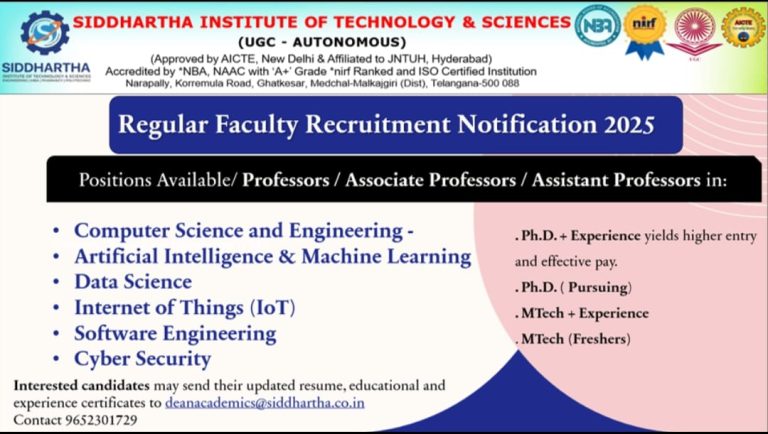 Faculty Opening at Siddhartha Institute of Technology and Science, Medchal | FacultyPlus