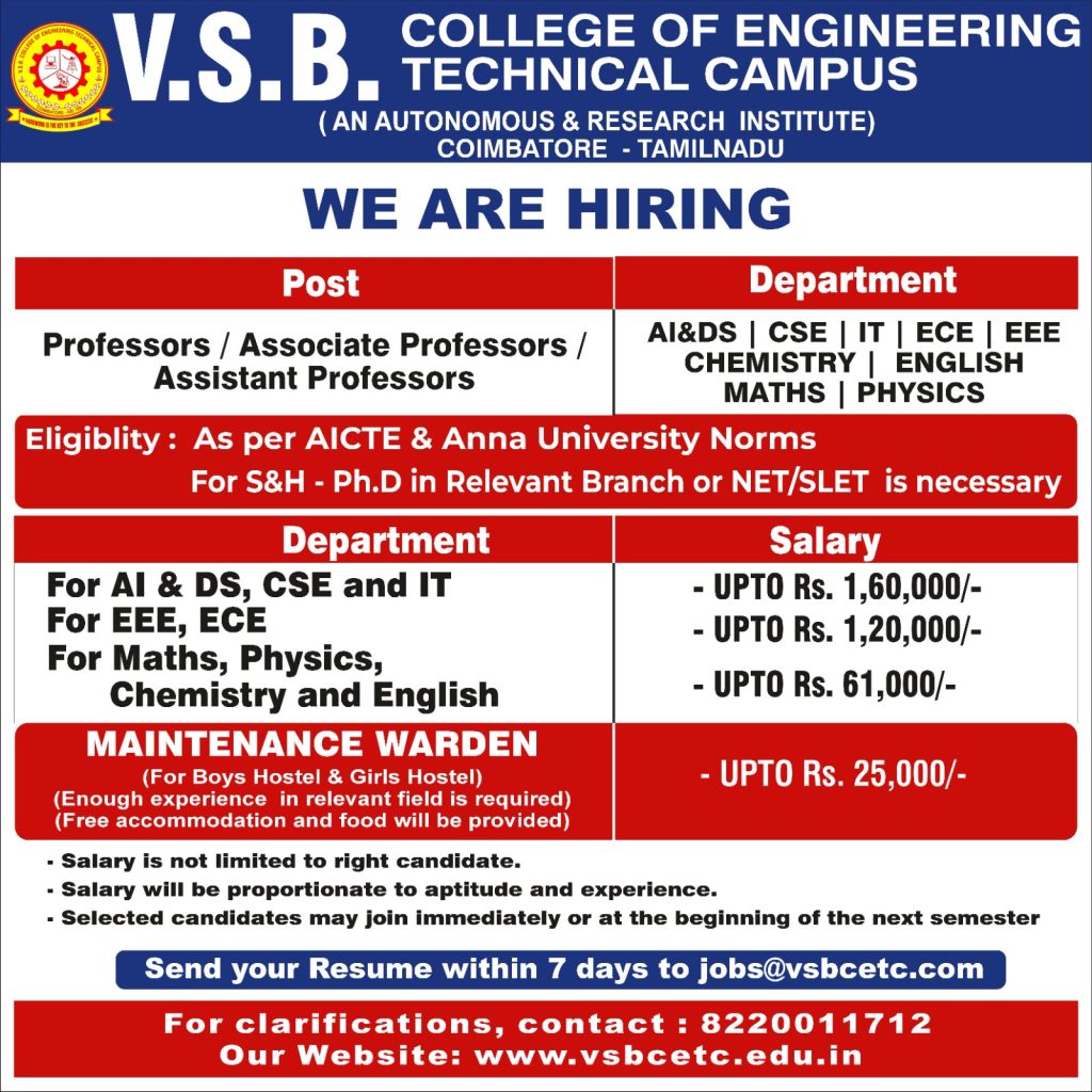 V.S.B. College of Engineering Technical Campus (Autonomous), Coimbatore Wanted Professors ...